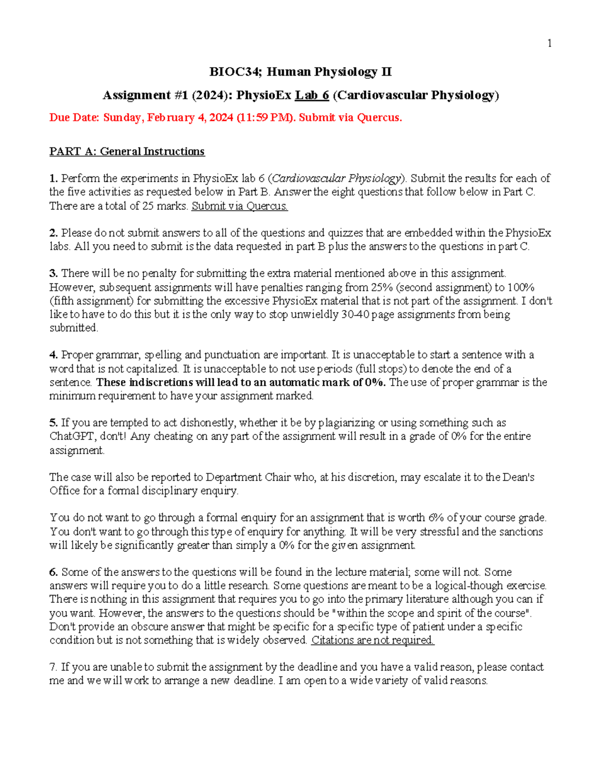 Assignment 1 Physio Ex 6 2024 - 1 BIOC34; Human Physiology II Assignment #1 (2024): PhysioEx Lab ...