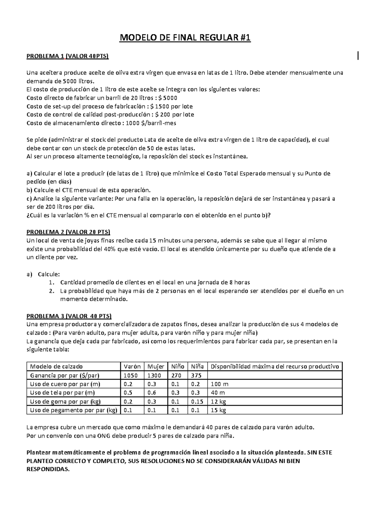 Modelos DE Finales - MODELO DE FINAL REGULAR PROBLEMA 1 (VALOR 40 PTS) Una aceitera produce ...