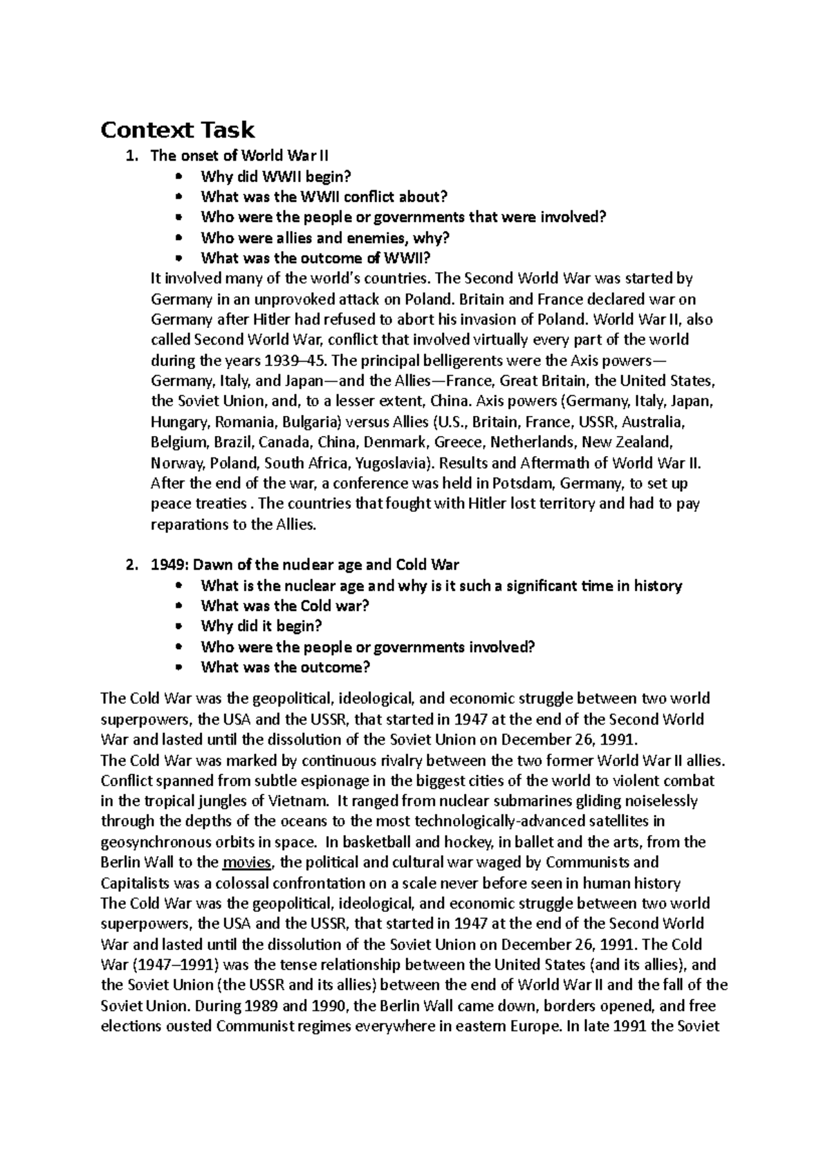 HSC English - 1984 Context - Context Task The onset of World War II Why ...