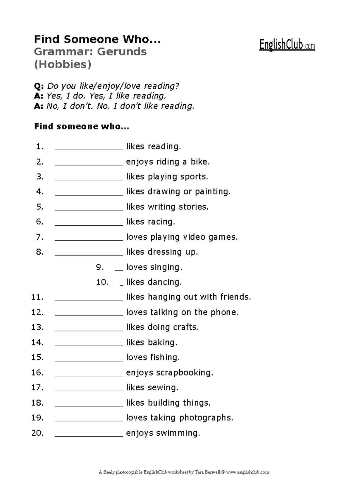 Ec find someone who grammar gerunds hobbies - Find Someone Who ...