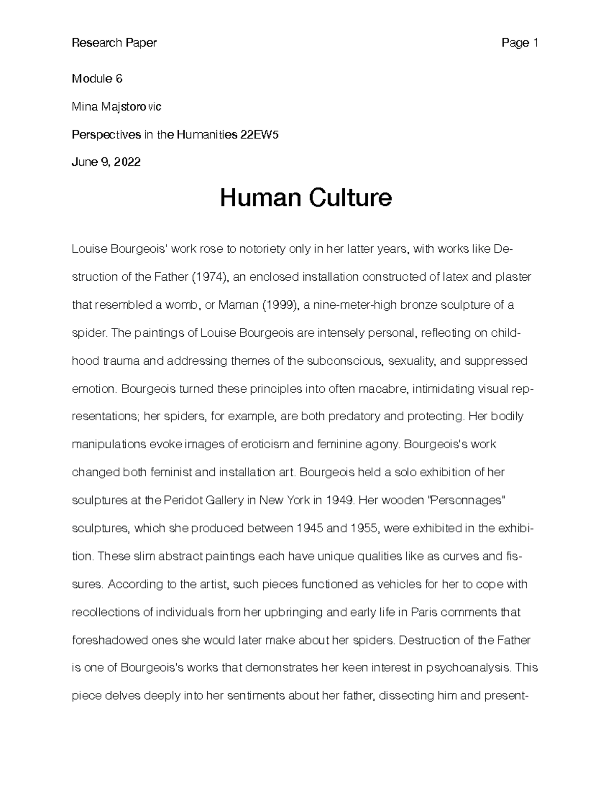 Human Culture (PDF) - Research Paper Page 1 Module 6 Mina Majstorovic ...