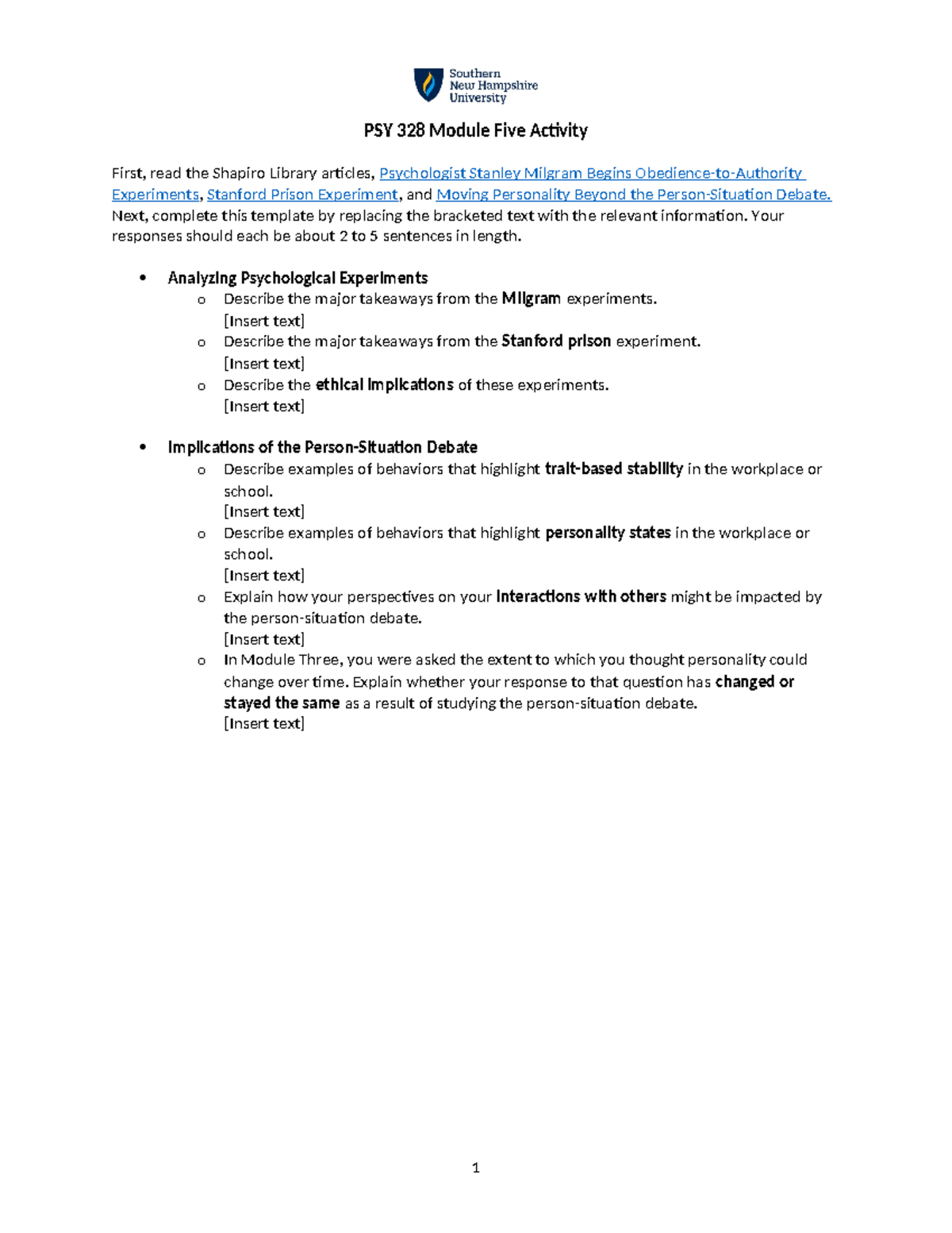 PSY 328 Module Five Activity - PSY 328 Module Five Activity First, read the Shapiro Library ...