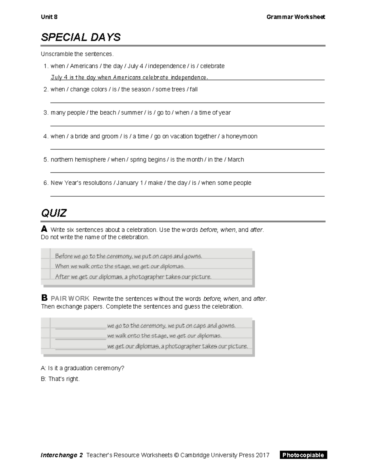 Interchange 5th Ed Level 2 Unit08 Grammar Worksheet - Unit 8 Grammar Worksheet SPECIAL DAYS ...