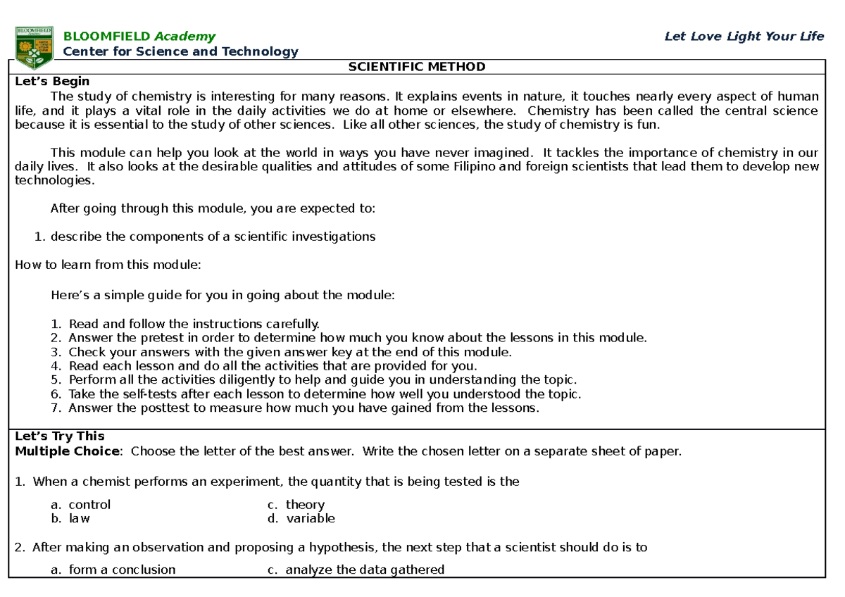 Module 1 Grade 7 - Notes for Science 7 - BLOOMFIELD Academy Let Love ...