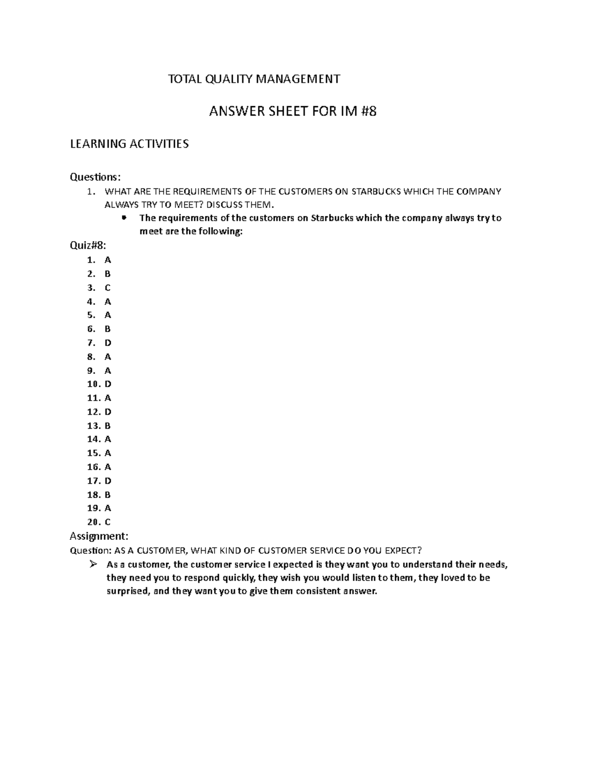 Total Quality Management IM NO - TOTAL QUALITY MANAGEMENT ANSWER SHEET ...