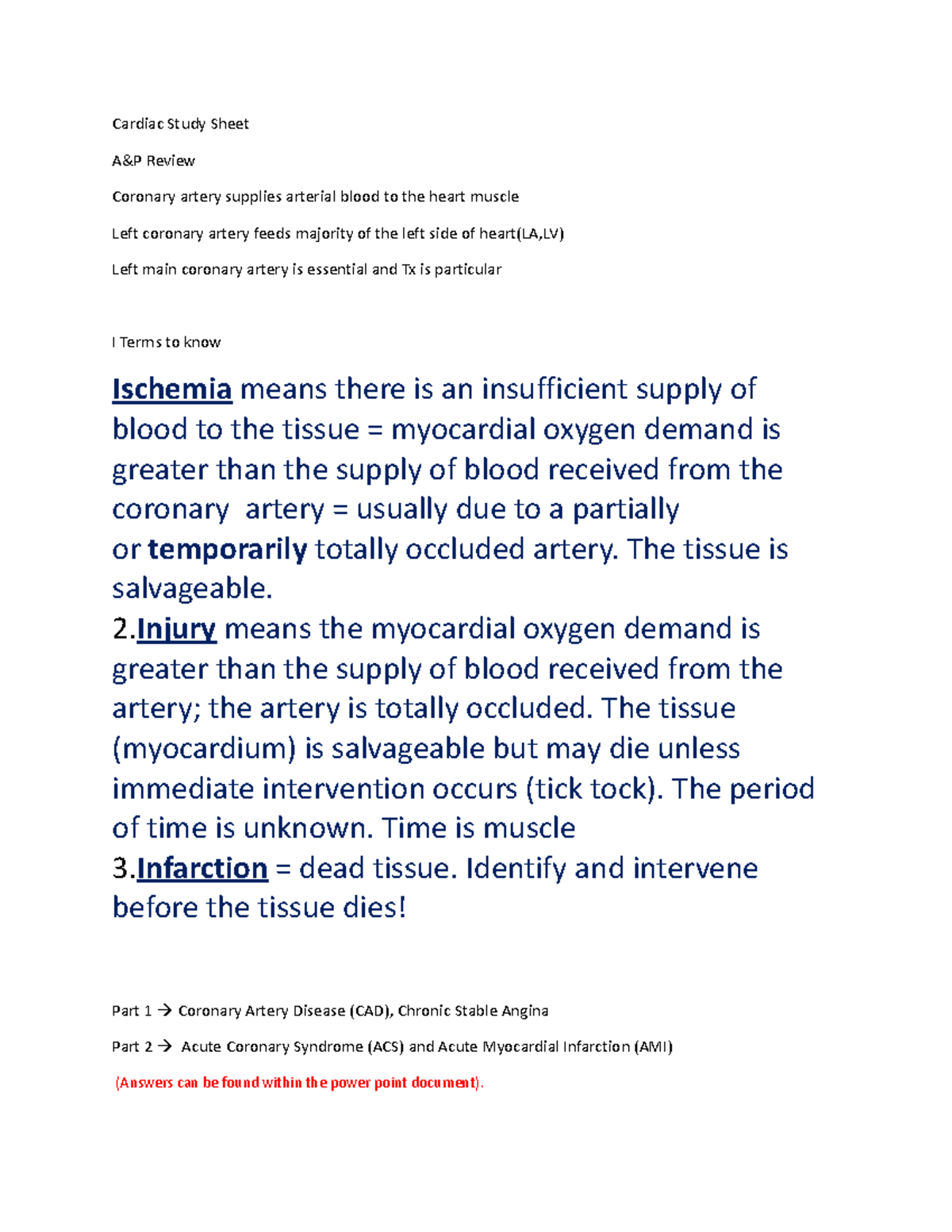 CAD.ACS.MI study sheet copy - Cardiac Study Sheet A&P Review Coronary ...