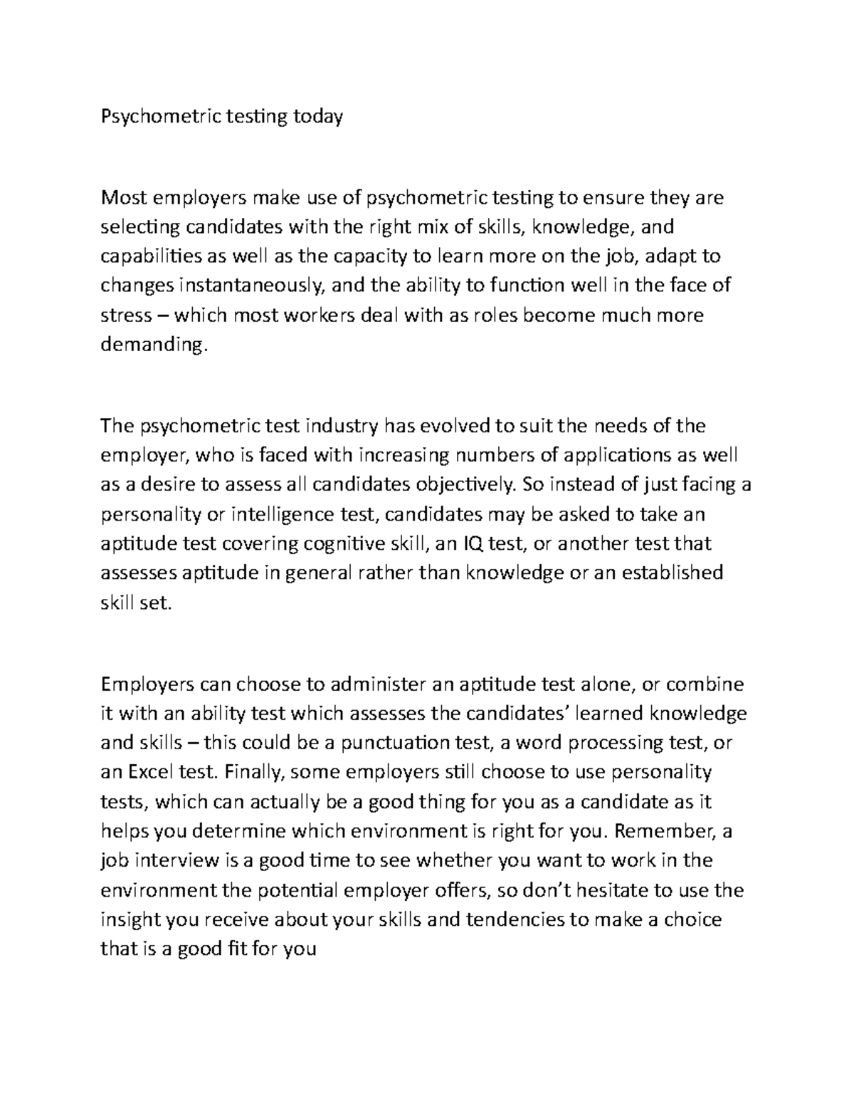 Homework 4 - idk - Psychometric testing today Most employers make use ...