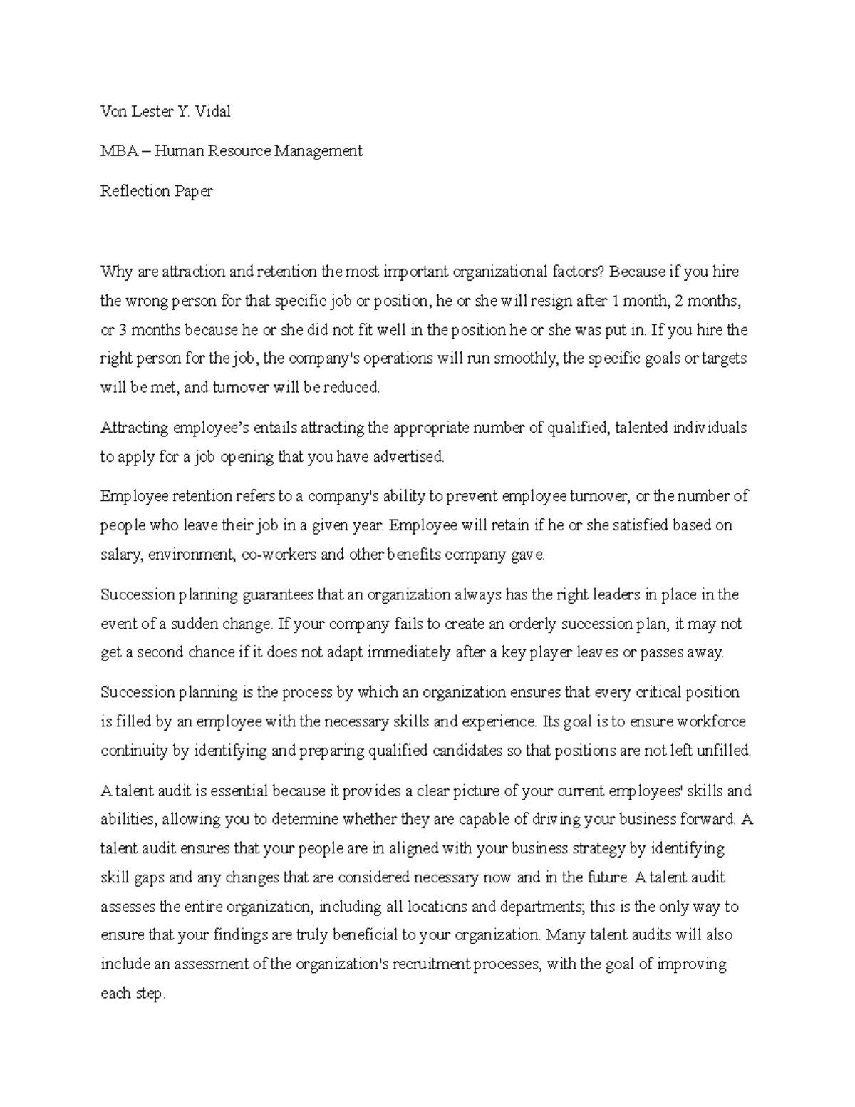 Reflection g2 - Von Lester Y. Vidal MBA – Human Resource Management ...