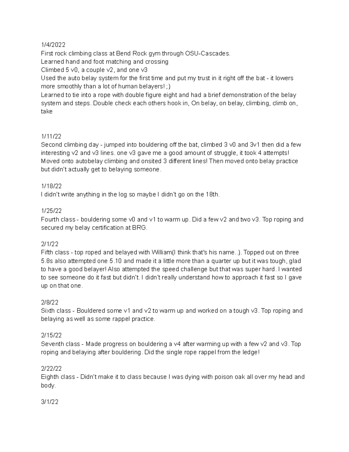 10 week Climbing Log - 1/4/ First rock climbing class at Bend Rock gym ...