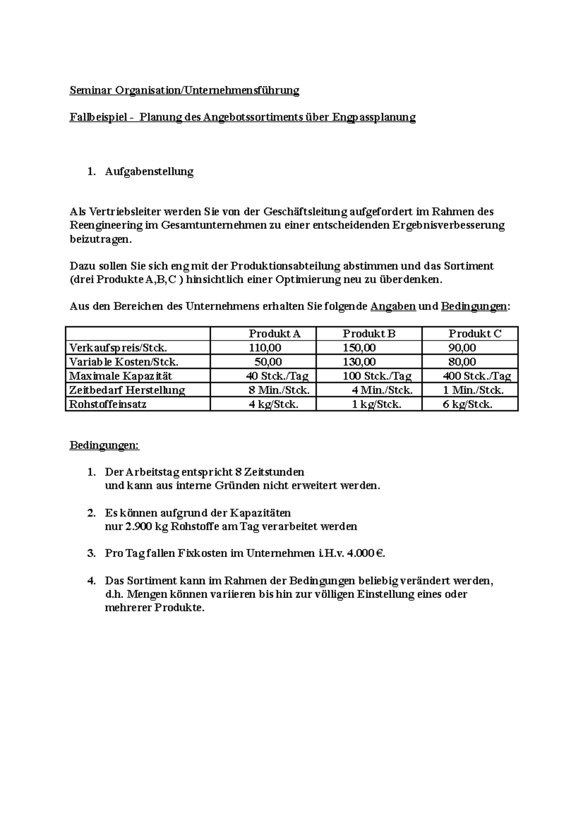 Sortimentsplanung Arbeitsmaterial Übung - Seminar Fallbeispiel Planung ...