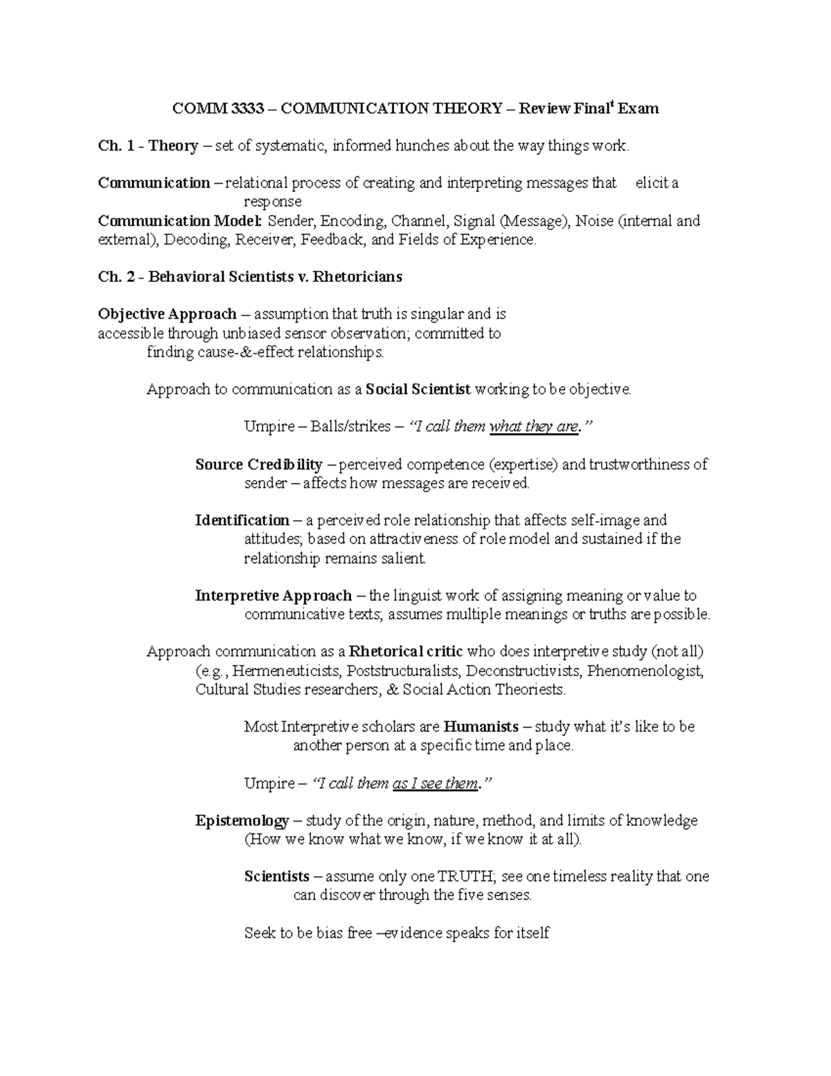 Thry Final Rev Sp. 2021 - COMM 3333 3 COMMUNICATION THEORY 3 Review ...