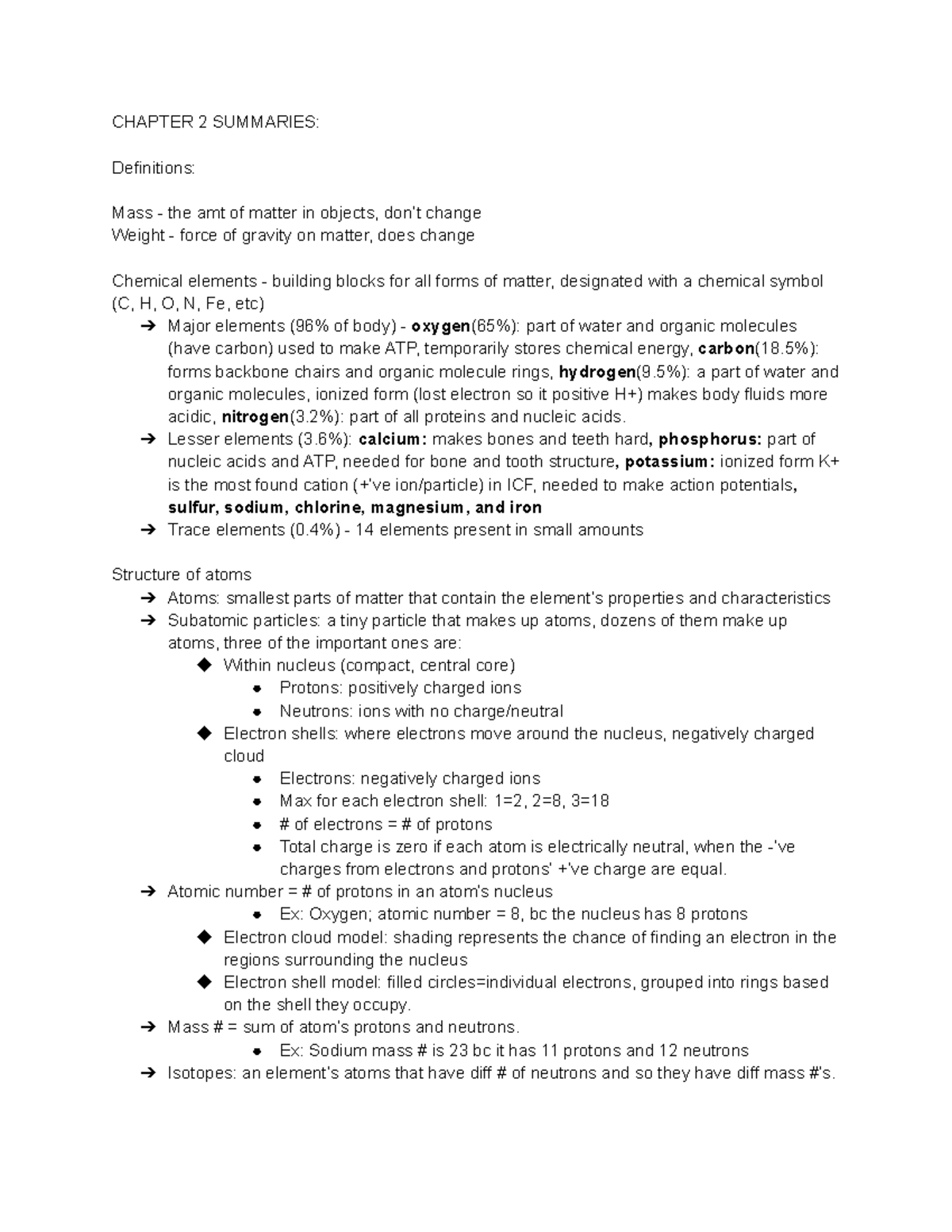 Chapter 2 Summarized Notes - CHAPTER 2 SUMMARIES: Definitions: Mass ...