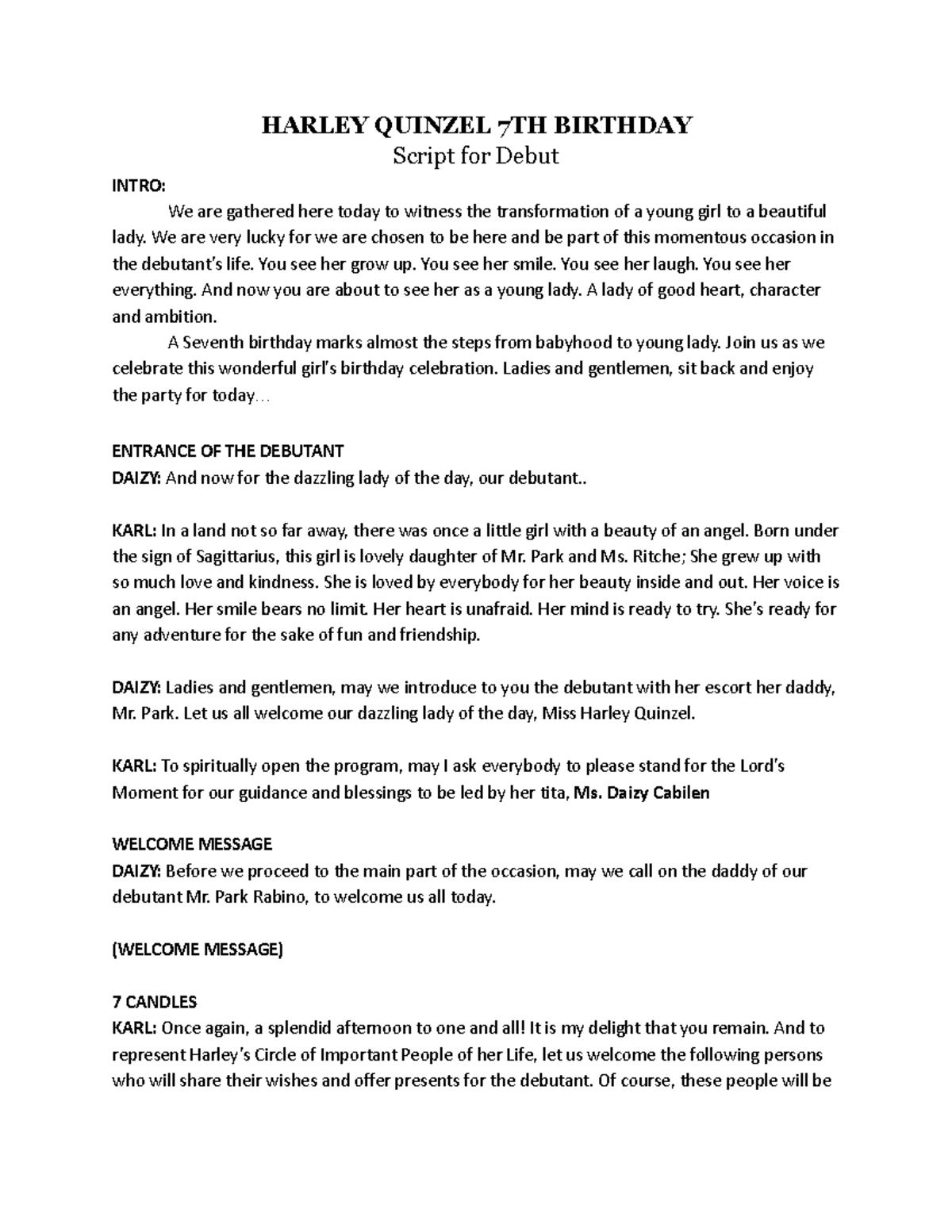 Harley 7TH Birthday - HARLEY QUINZEL 7TH BIRTHDAY Script for Debut ...