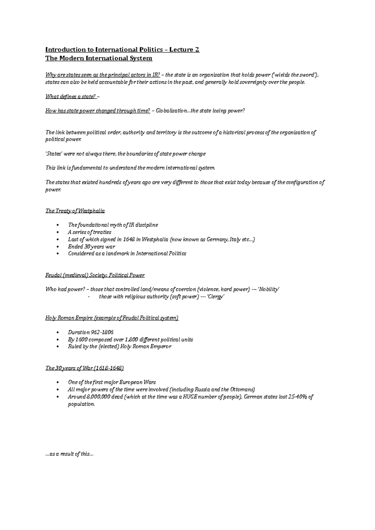 Lecture 2 - Introduction to International Politics – Lecture 2 The ...