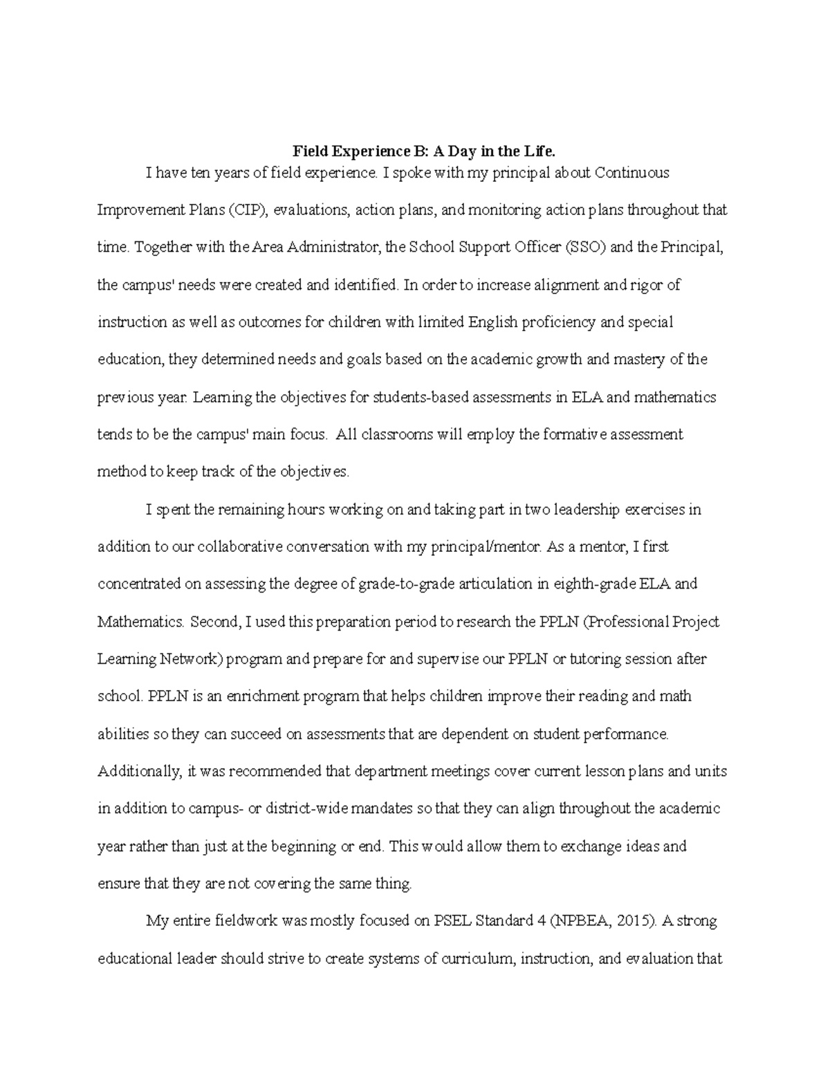 Field Experience B A Day in the Life EAD501 - Field Experience B: A Day ...