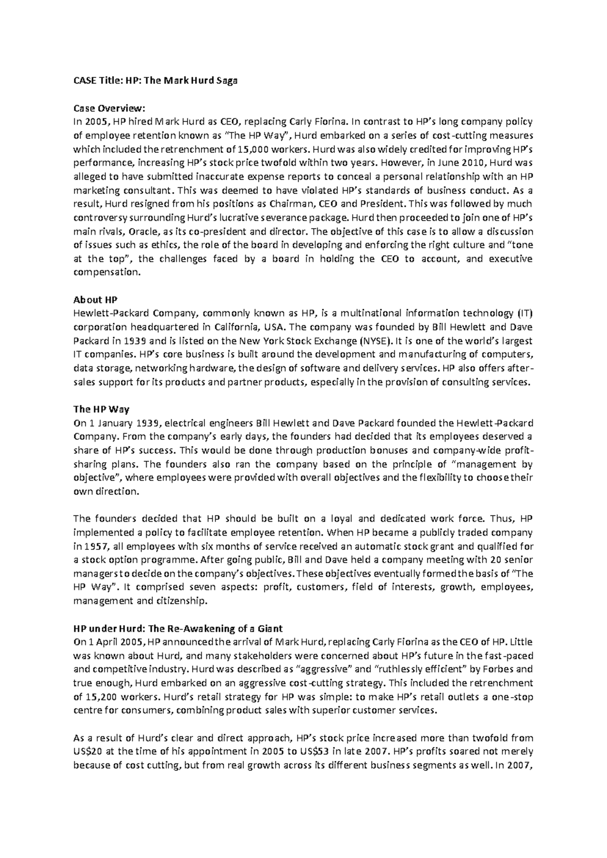 HP Case - HP Case - CASE Title: HP: The Mark Hurd Saga Case Overview ...