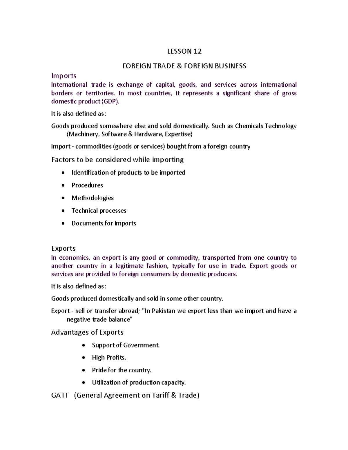 Lecture 12 - LESSON 12 FOREIGN TRADE & FOREIGN BUSINESS Imports ...