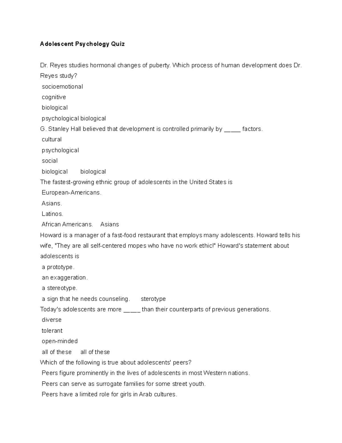 Adolescent Psychology Quiz - Reyes studies hormonal changes of puberty ...