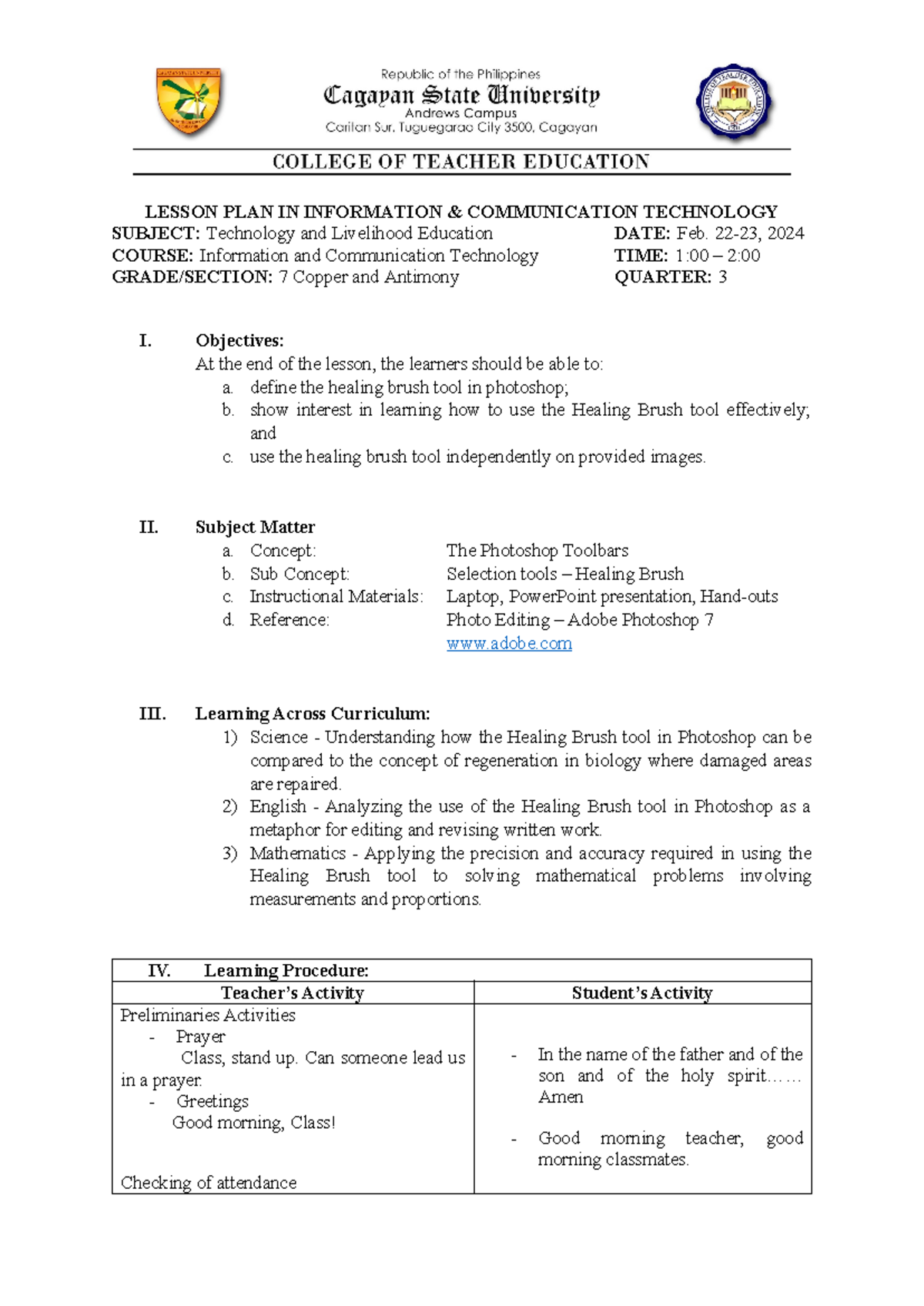 Dlp1 - LESSON PLAN IN INFORMATION & COMMUNICATION TECHNOLOGY SUBJECT ...
