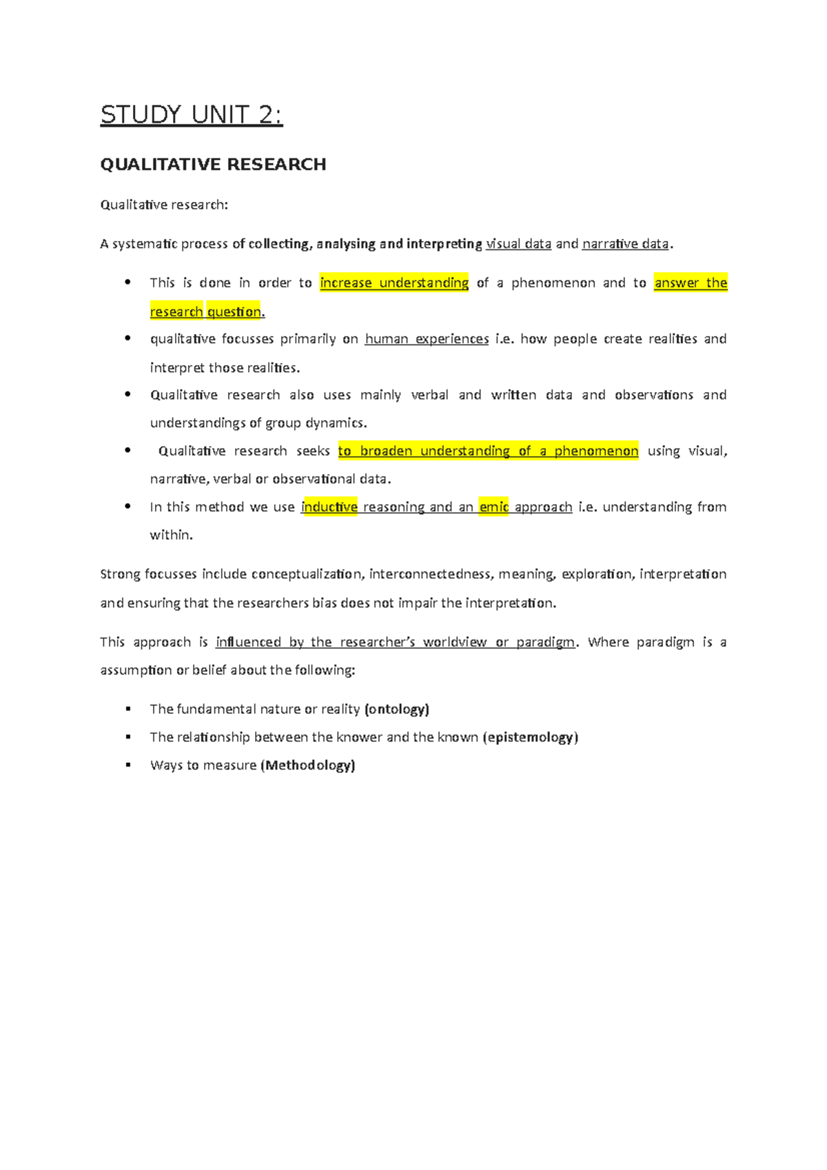 Su 2 - RESEARCH - STUDY UNIT 2: QUALITATIVE RESEARCH Qualitative ...