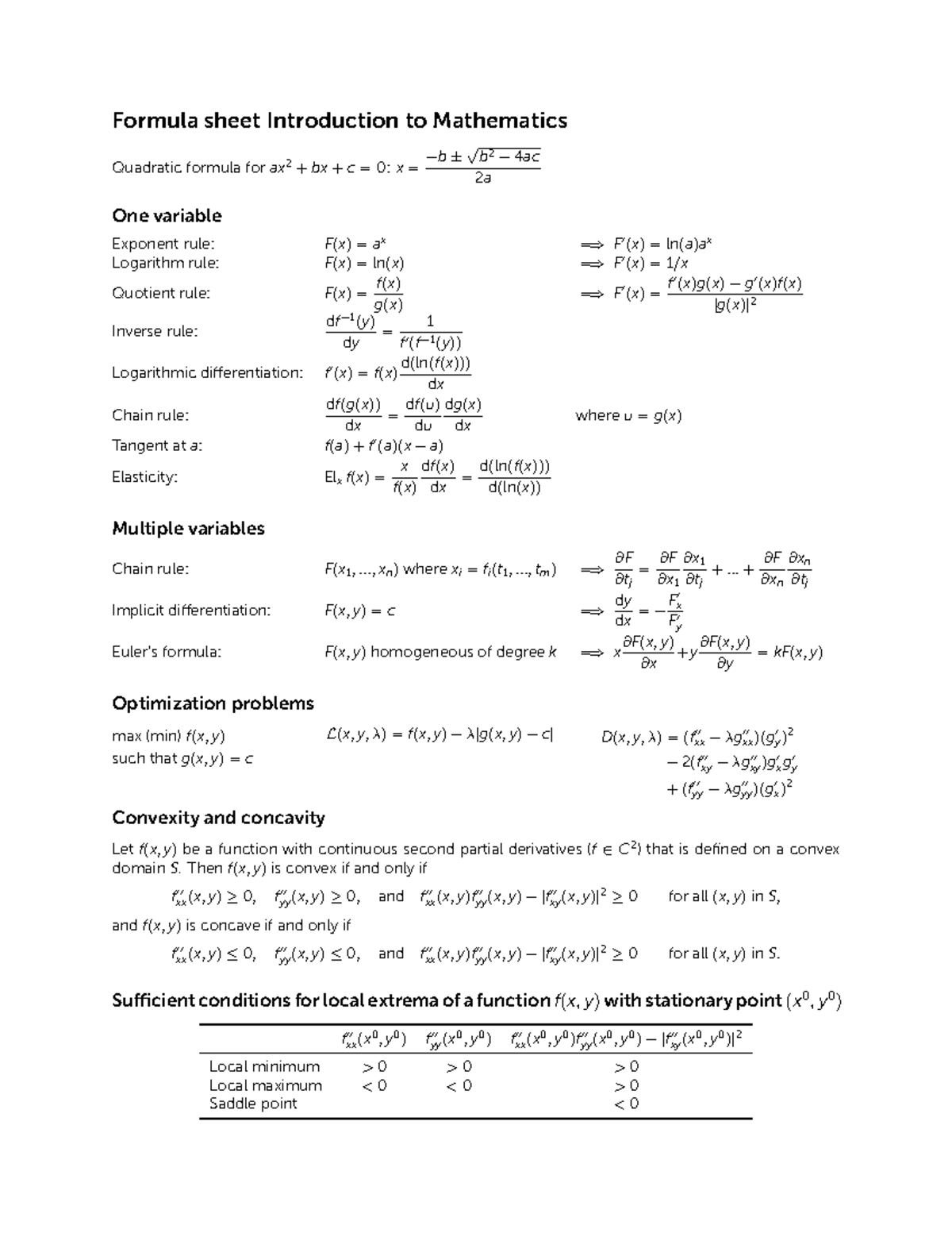 Answers exam Introduction to Mathematics 2022-2023 - Formula sheet ...