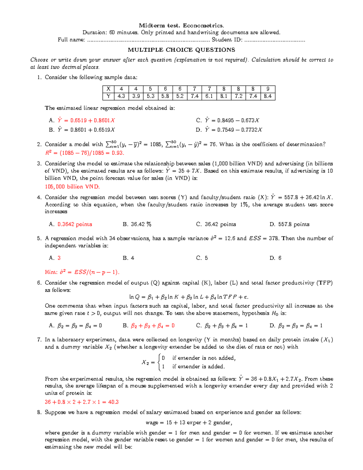 Example test with solution - Midterm test. Econometrics. Duration: 60 ...