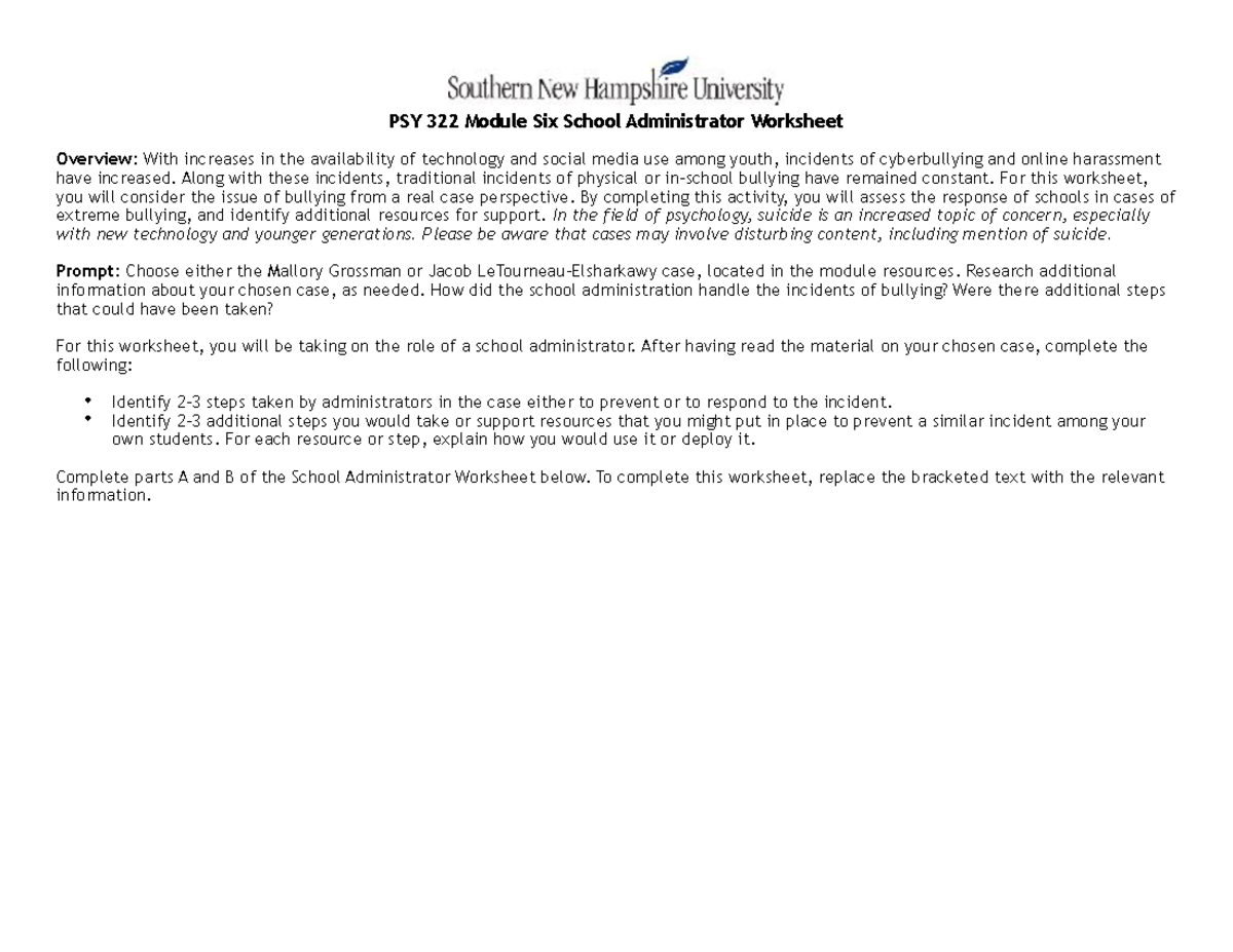 PSY 322 Module Six School Administrator Worksheet - PSY 322 Module Six ...