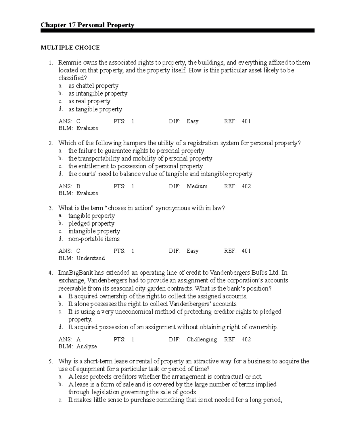 Chapter 17 - Practice questions - Chapter 17 Personal Property MULTIPLE ...