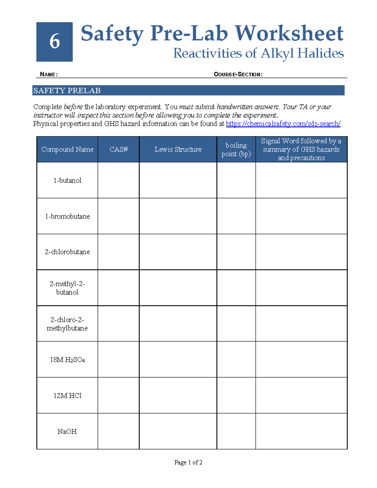 Lab 6 Alkyl Halides Safety Sheet - Page 1 of 2 6 Safety Pre-Lab ...