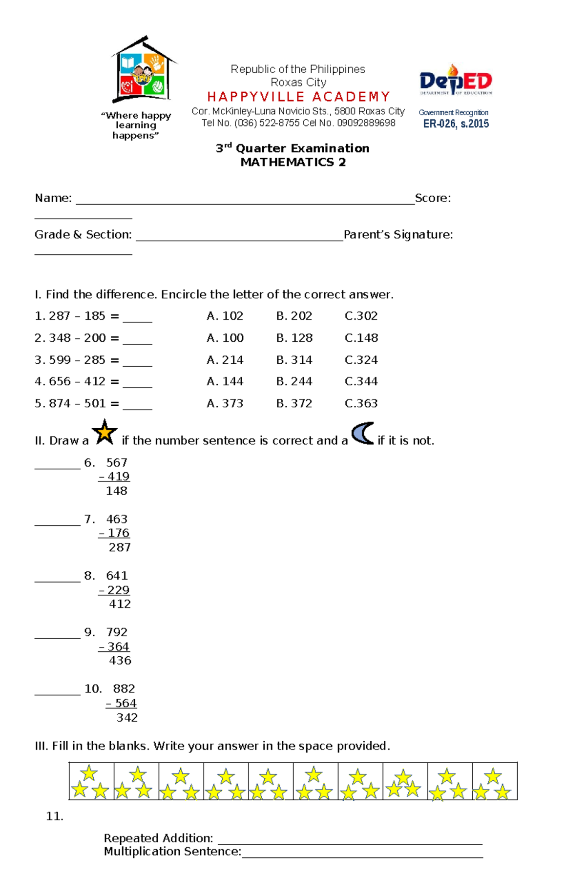 3rd Quarter Examination 2 - 3 rd Quarter Examination MATHEMATICS 2 Name ...