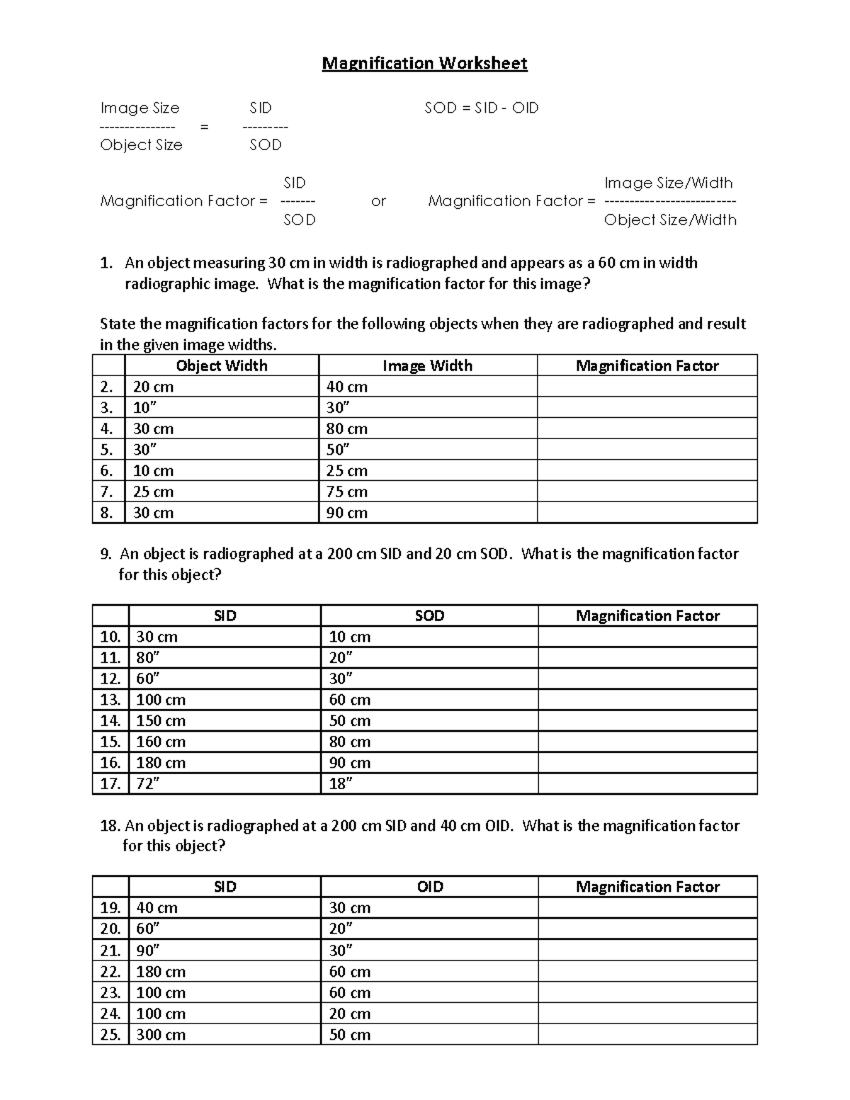 Magnification Worksheet - Magnification Worksheet Image Size SID SOD ...