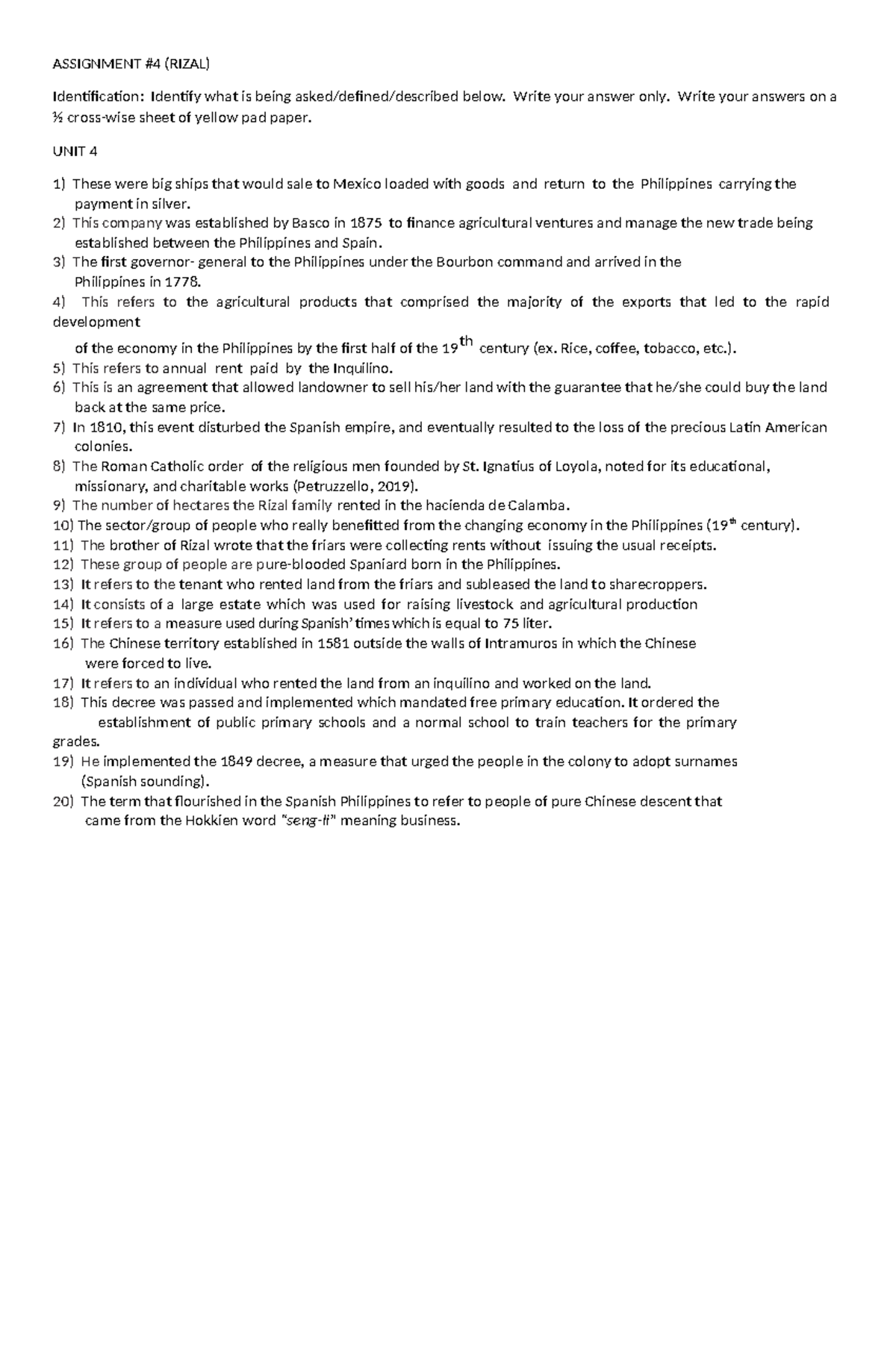Assign-4 Rizal - eee - ASSIGNMENT #4 (RIZAL) Identification: Identify what is being - Studocu
