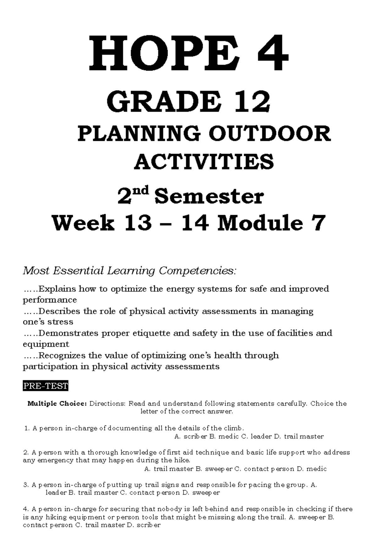 2nd Sem HOPE4 Week13and14 Module 7 - HOPE 4 GRADE 12 PLANNING OUTDOOR ...