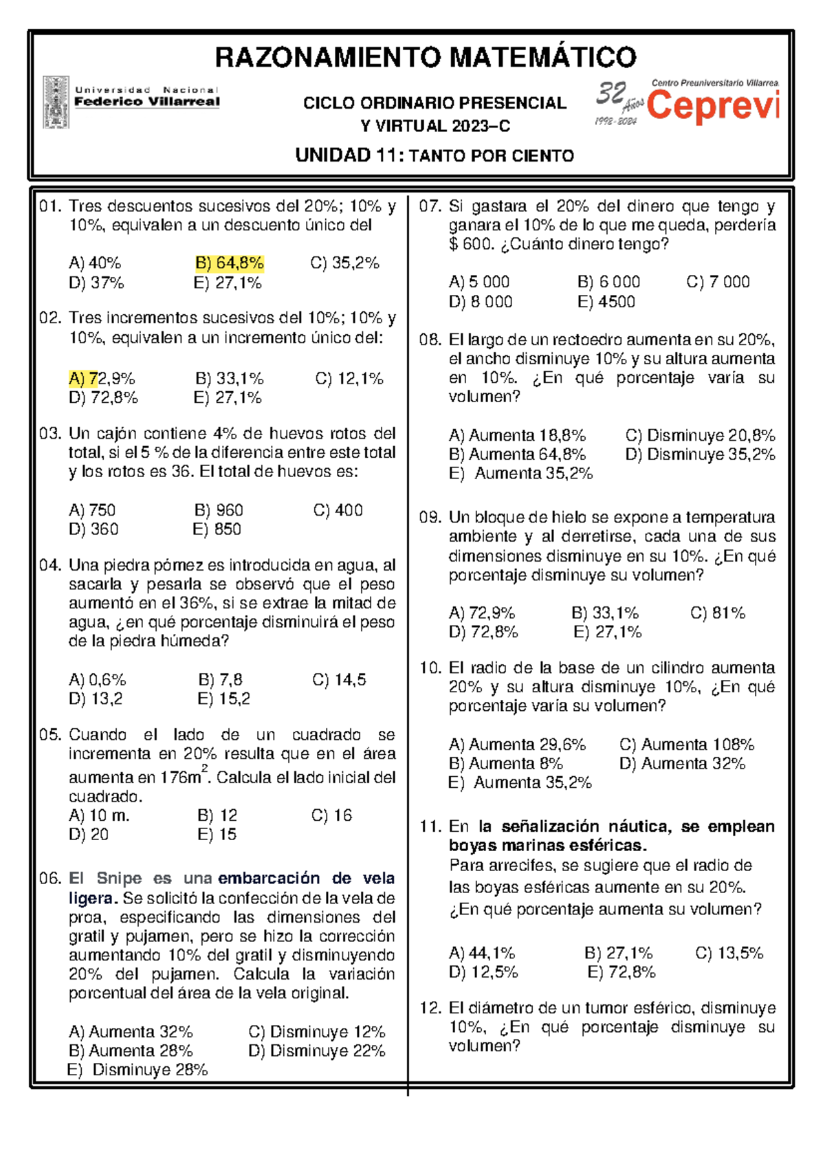 Razonamiento Matemático 11 - UNIDAD 11 : TANTO POR CIENTO CICLO ...