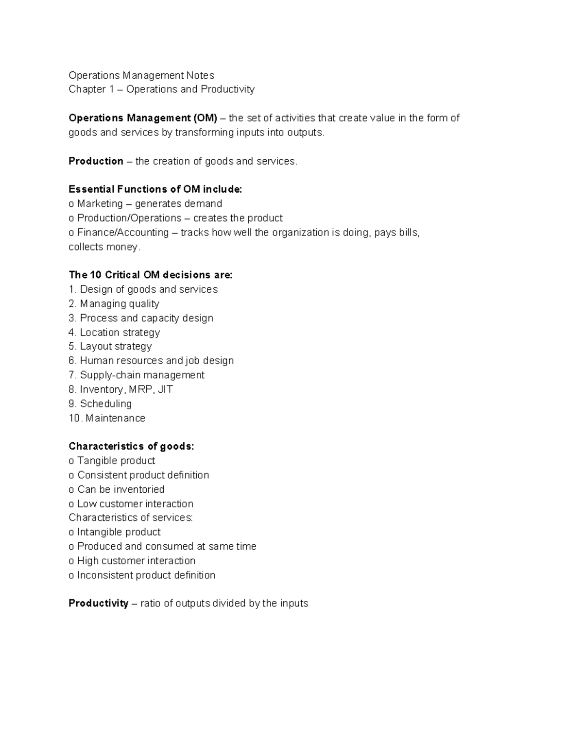 Operations Management Notes - Operations Management Notes Chapter 1 ...