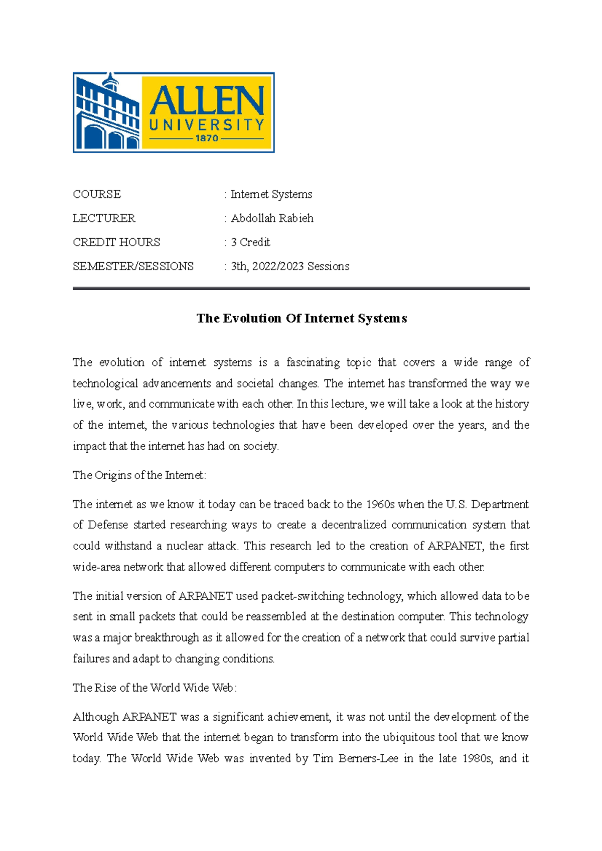 The Evolution Of Internet Systems Internet Systems - COURSE : Internet Systems LECTURER ...