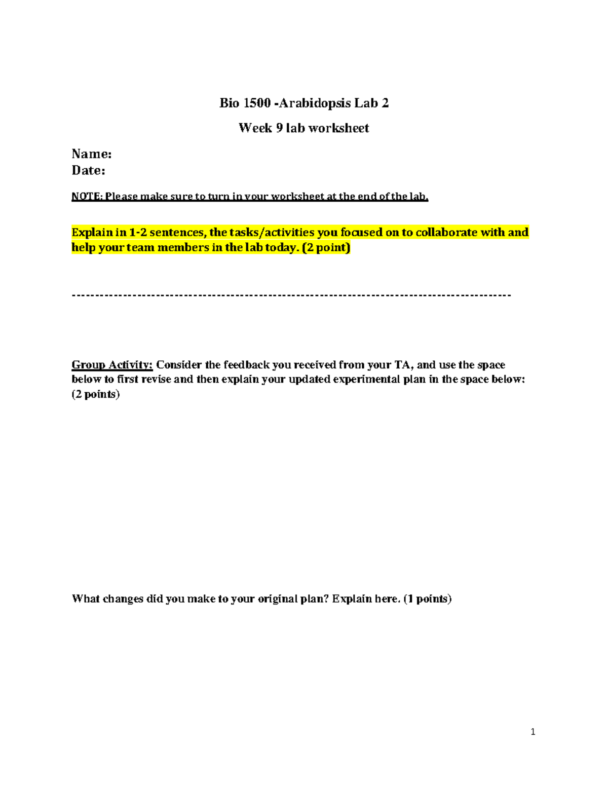 W9 lab worksheet print - 1 Bio 1500 - Arabidopsis Lab 2 Week 9 lab ...