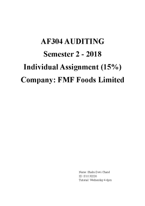 AF304 Assignment - S2 2022 - AF304 – AUDITING Major Assignment: Face to ...