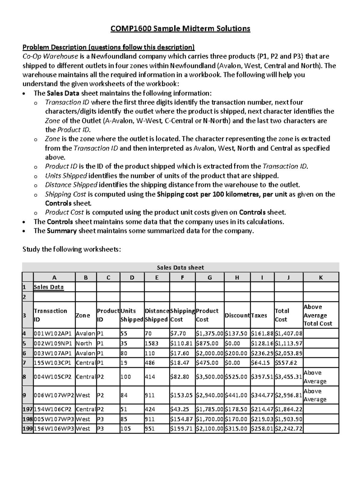 Midterm 2015, questions and answers - COMP1600 Sample Midterm Solutions Problem Description ...