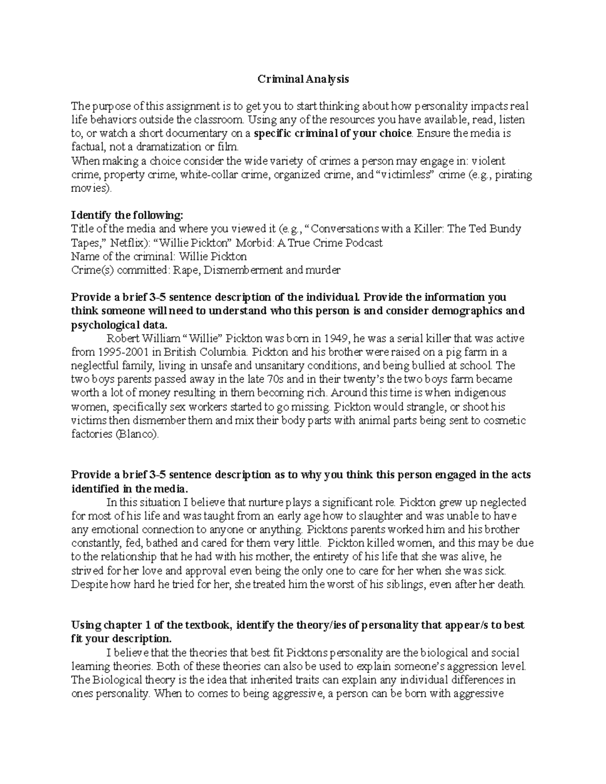 Criminal Analysis assignment - Criminal Analysis The purpose of this ...