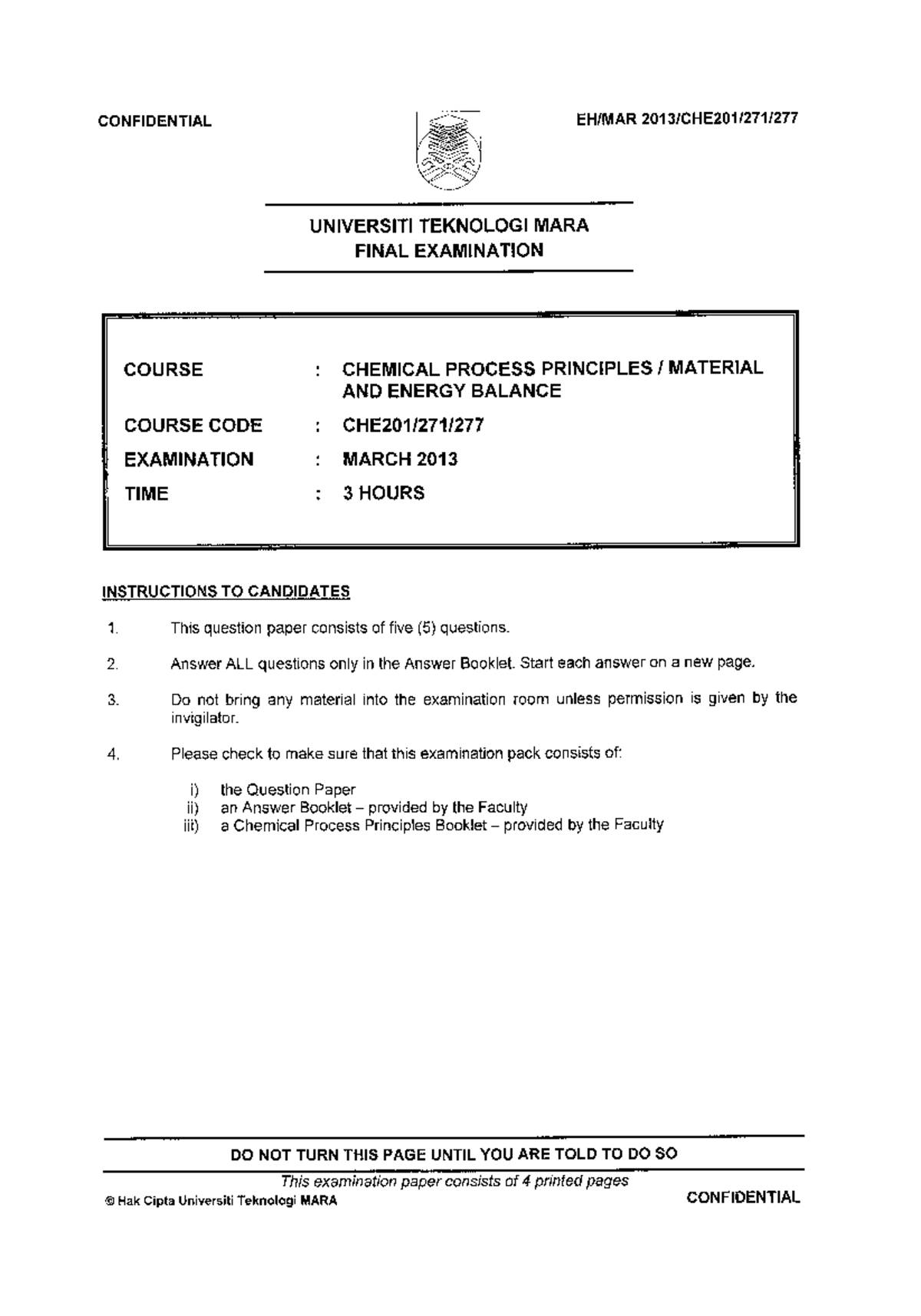 Faculty Chemical Engineering 2013 Session 2 - Diploma CHE201 271 277 - material balance and ...