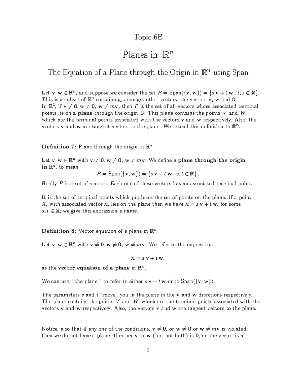Topic 6B-Planes copy - Topic 6B Planes in R n The Equation of a Plane ...
