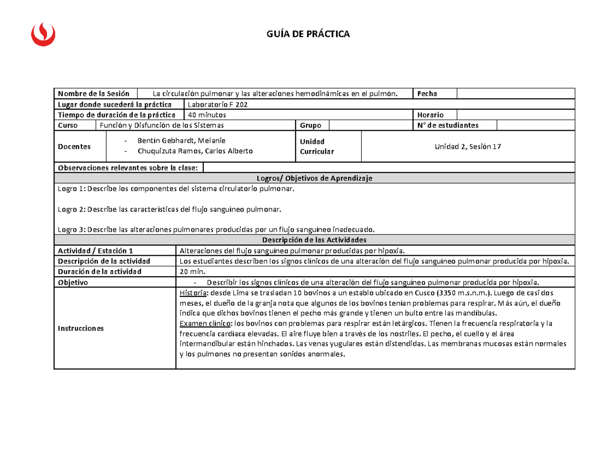 Sesión 17-Guía de práctica - GUÕA DE PR¡CTICA Nombre de la SesiÛn La circulaciÛn pulmonar y las ...