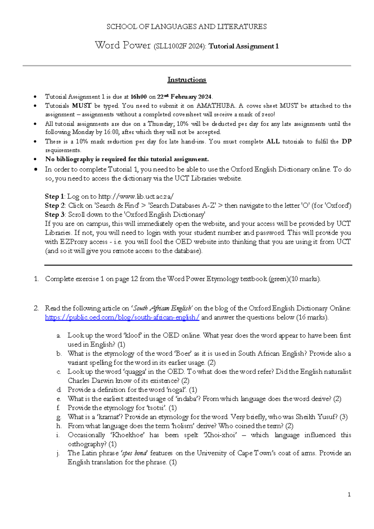 Word Powewr Tut Assignment 1 - 1 SCHOOL OF LANGUAGES AND LITERATURES ...