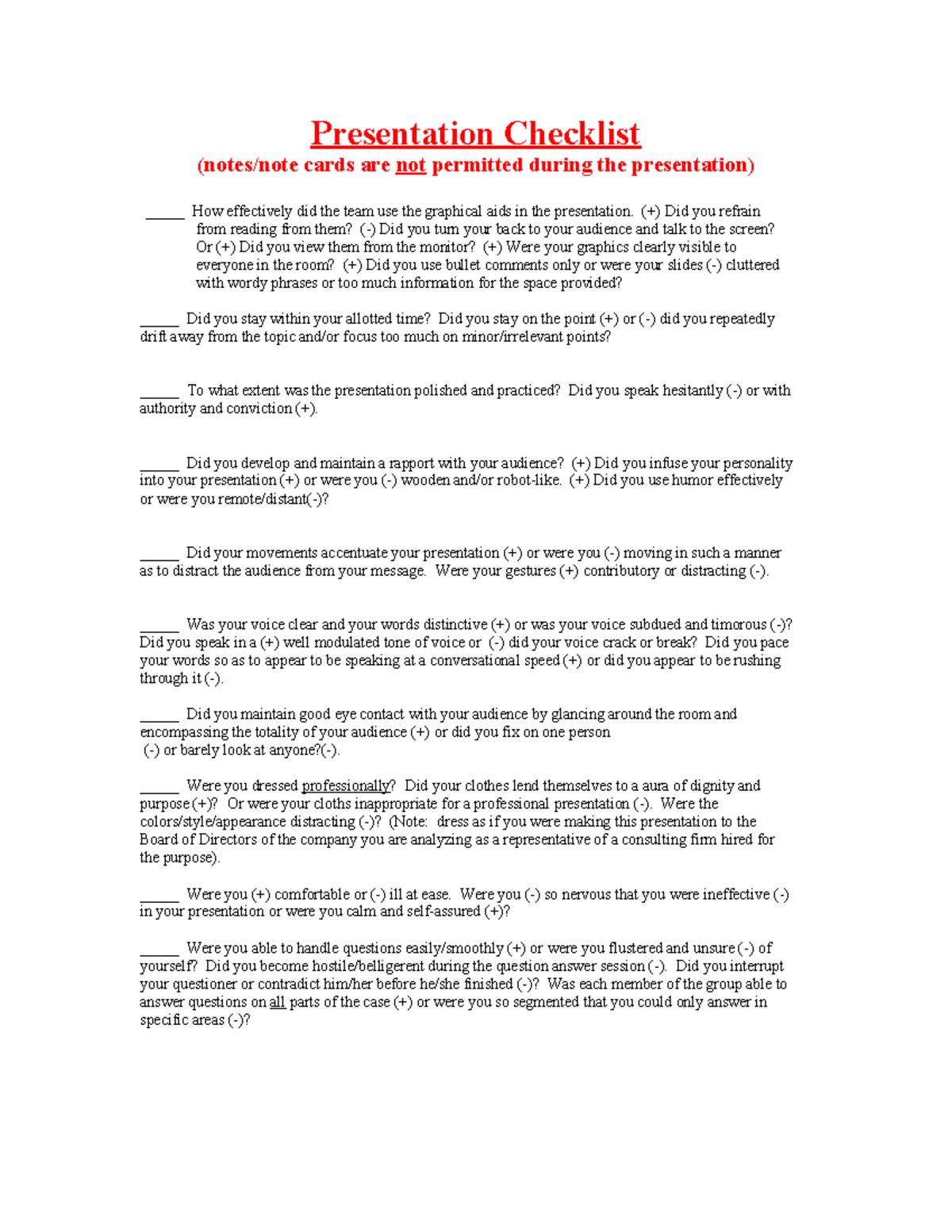 Presentation checklist 0 - Presentation Checklist (notes/note cards are ...