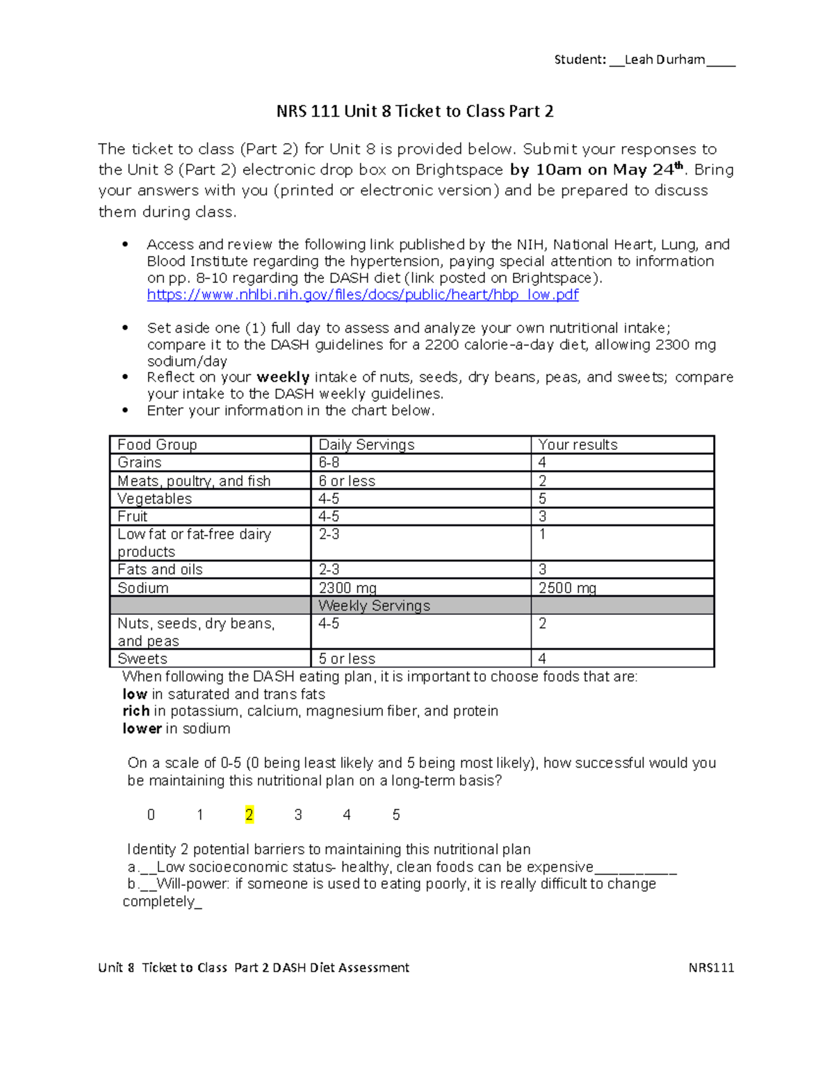 Unit 8 Ticket to Class Part 2 DASH Diet Assessment NRS111 Spring 22 ...
