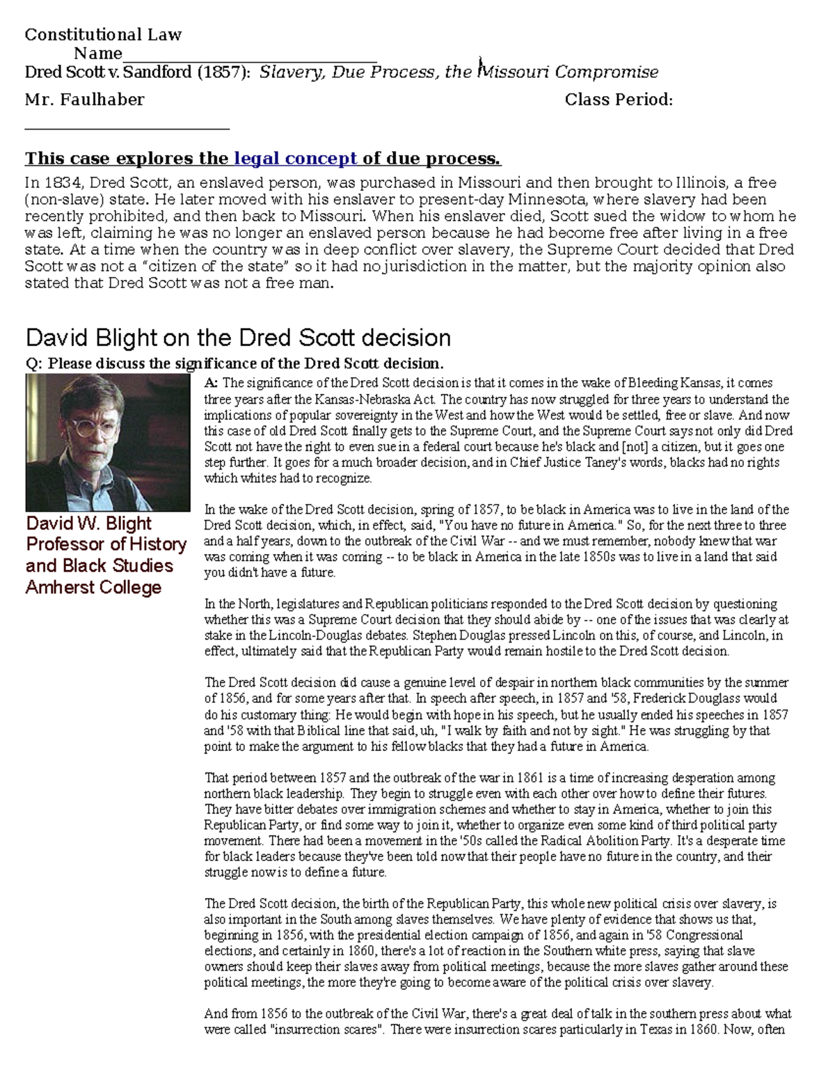 Dred Scott Court Case Worksheet - Constitutional Law Name ...