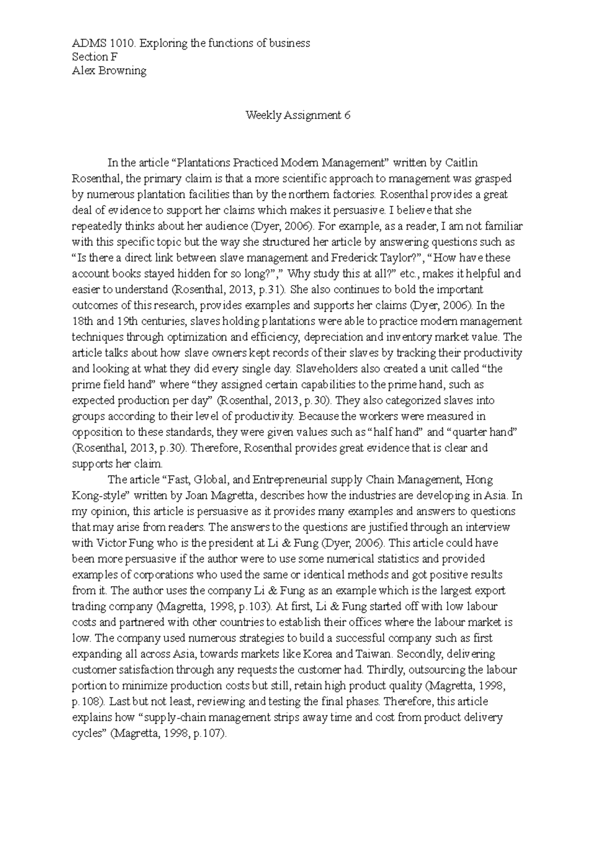 Assign 6 - ADMS 1010. Exploring the functions of business Section F Alex Browning Weekly ...