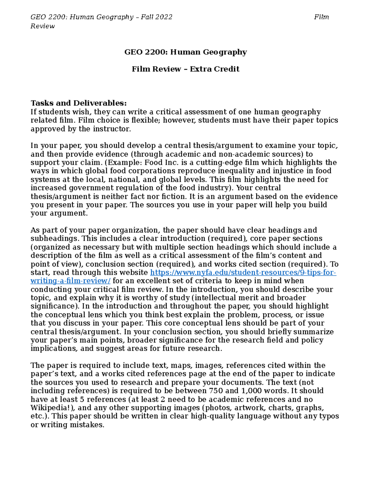 GEO 2200 Film Review - essay - GEO 2200: Human Geography – Fall 2022 ...