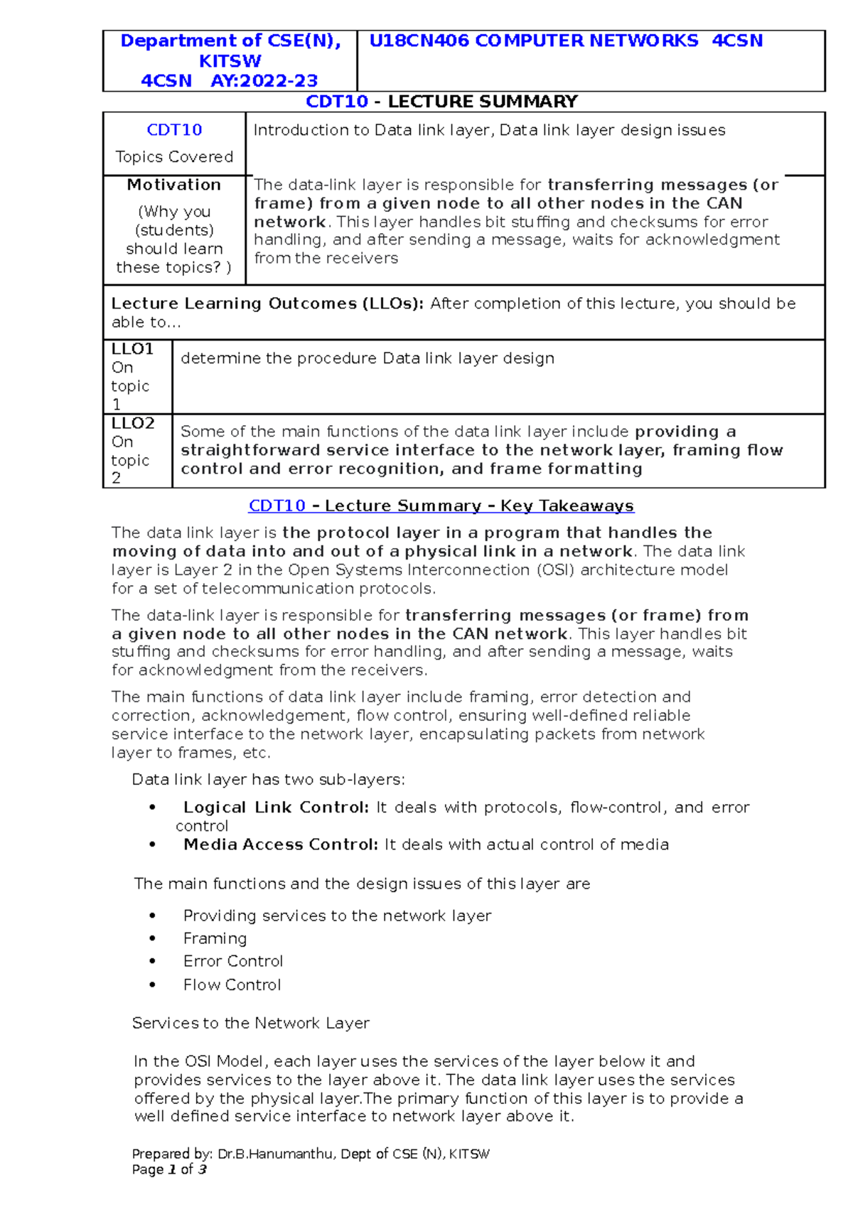 Cn Cdt10 Introduction To Data Link Layer Data Link Layer Design Issues Department Of Cse N